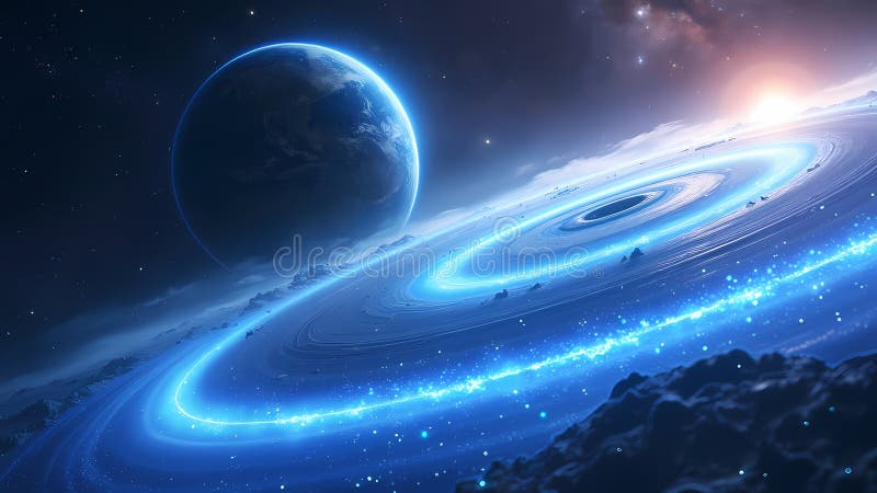 Serene Space Landscape Glowing Blue Light Paths Spiraling Around ...