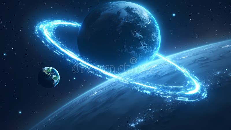 Serene Space Scene Luminous Blue Light Waves Spiraling Around Planet ...