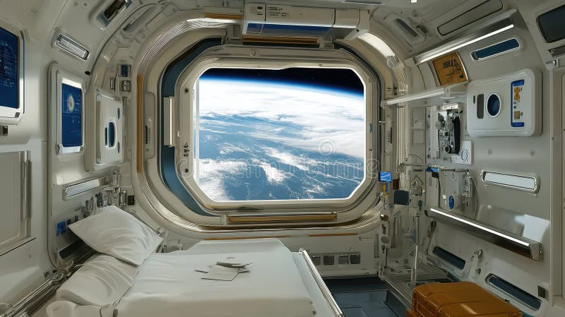 Serene Space Station Interior: Bedroom with Earth View, Tranquil and ...