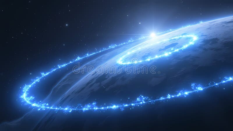 Serene Space Vista Bright Blue Light Arcs Swirling Around Planet Deep ...