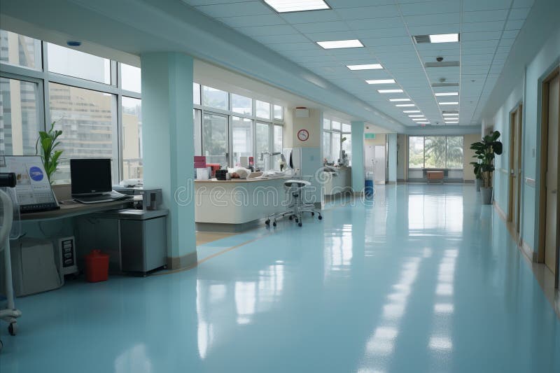 Serene and Spacious Empty Hospital Hallway with Reception Clinic in ...