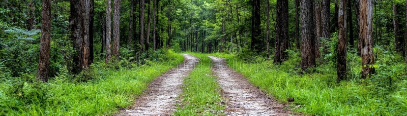 Serene Split Dirt Road through Lush Green Forest Landscape in Bright ...