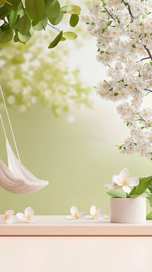 Serene Spring Blossom Scene with Swing and Flowers in Tranquil Garden ...