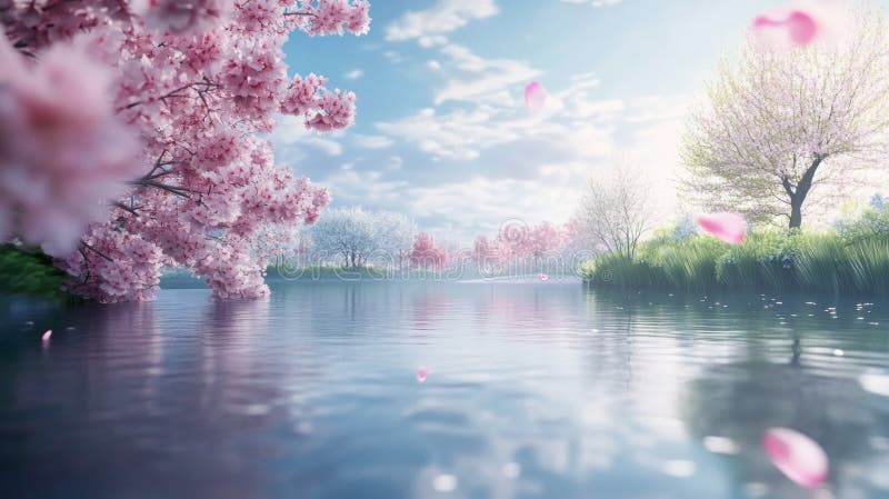 Serene Spring Cherry Blossom Lake Scene Stock Illustration ...