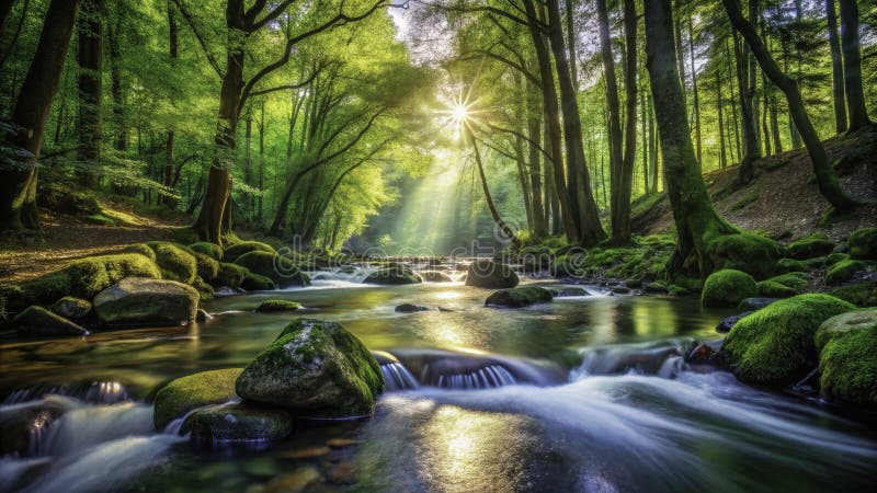A Serene Spring Forest Stream Panoramic View of CrystalClear Water ...