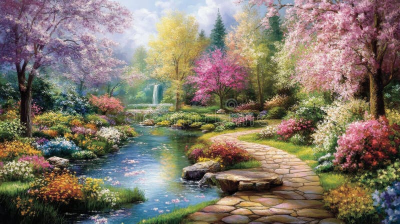 Serene Spring Garden with Blossoming Trees and Winding Stone Path Stock ...