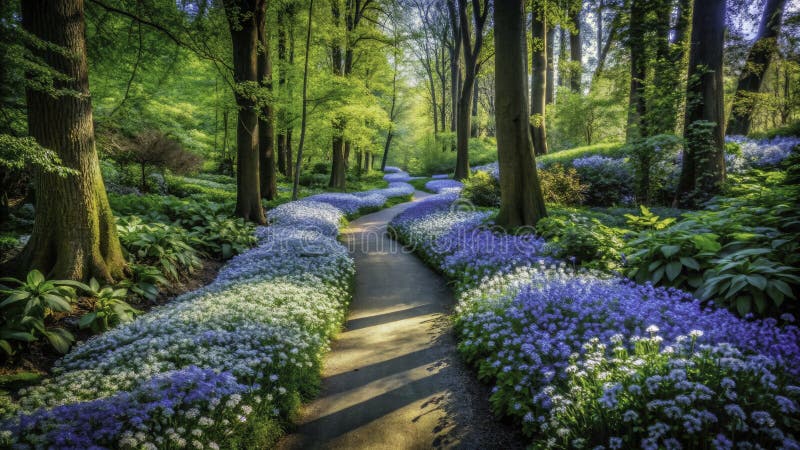 A Serene Spring Garden Path Unveiled from Above Blooming Omphalodes and ...