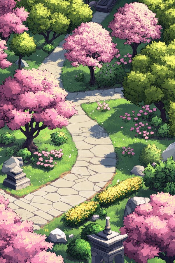 Serene Spring Garden Pathway with Blossoms Stock Illustration ...