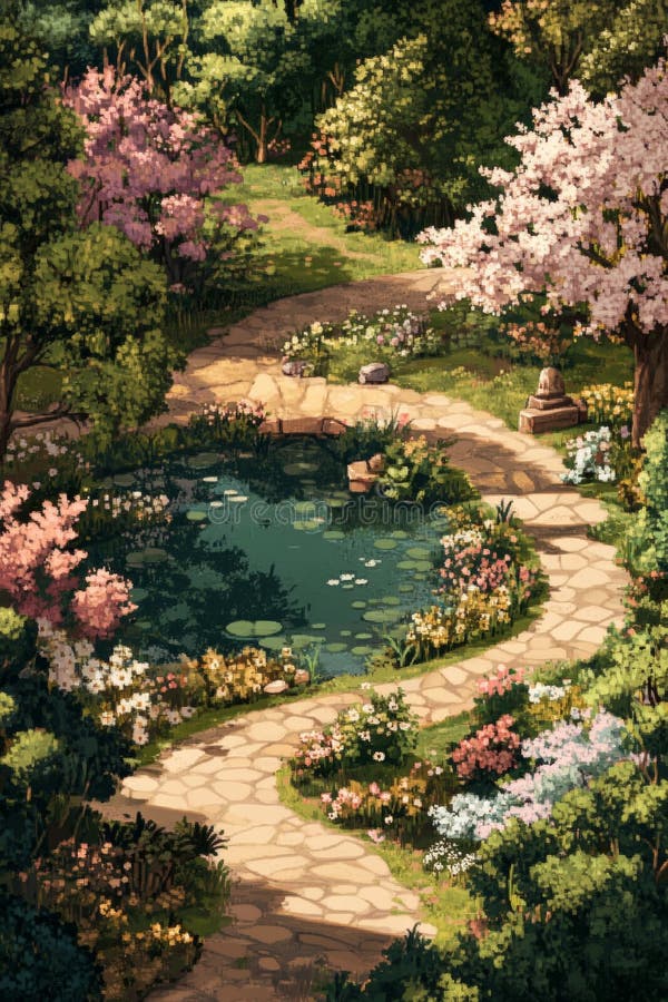 Serene Spring Garden Pathway with Pond Stock Illustration ...