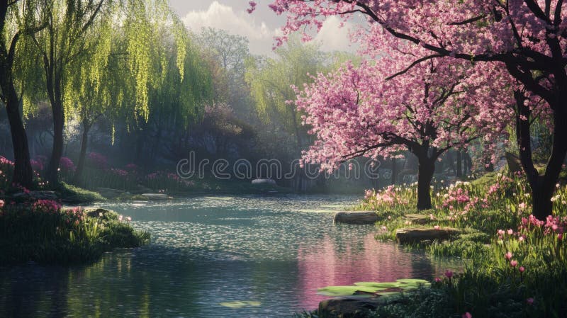 Serene Spring Garden with Pink Cherry Blossoms and Sunlight Stock ...