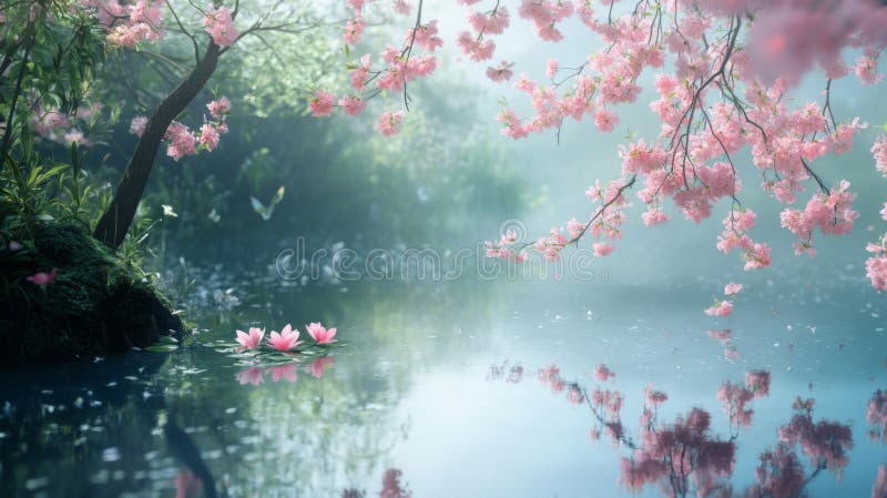 Serene Spring Lake with Cherry Blossoms and Mist Stock Illustration ...