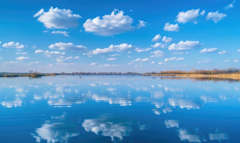 A Serene Spring Lake Reflecting the Clear Blue Sky and Fluffy White ...