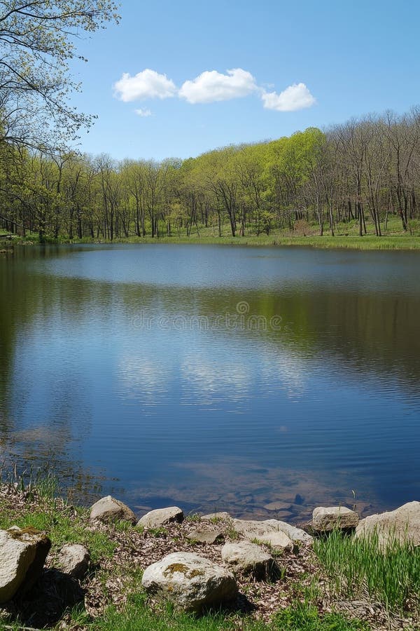 Serene Spring Lake with Reflections of Trees and Blue Sky in a Peaceful ...
