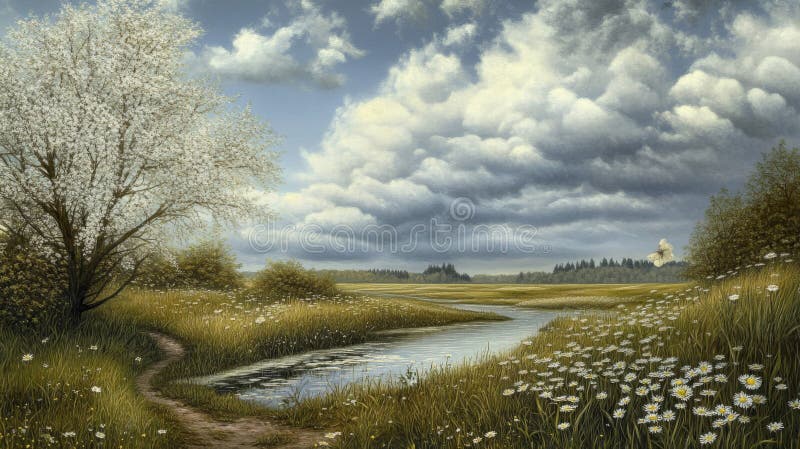 Serene Spring Landscape with Blooming Tree and Daisies by the River ...