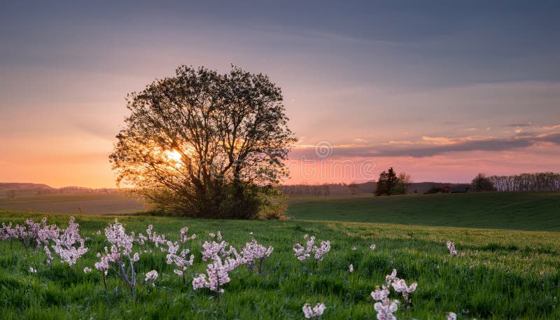 Serene Spring Landscape with a Blooming Tree and a Vibrant Sunrise ...