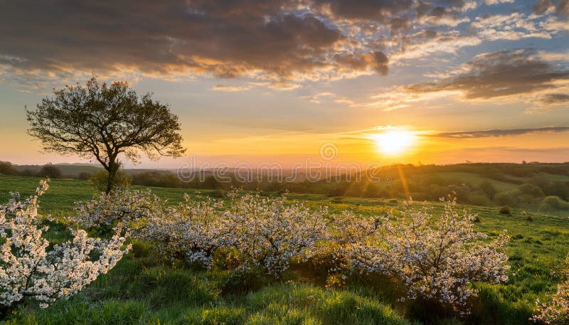 Serene Spring Landscape with a Blooming Tree and a Vibrant Sunrise ...