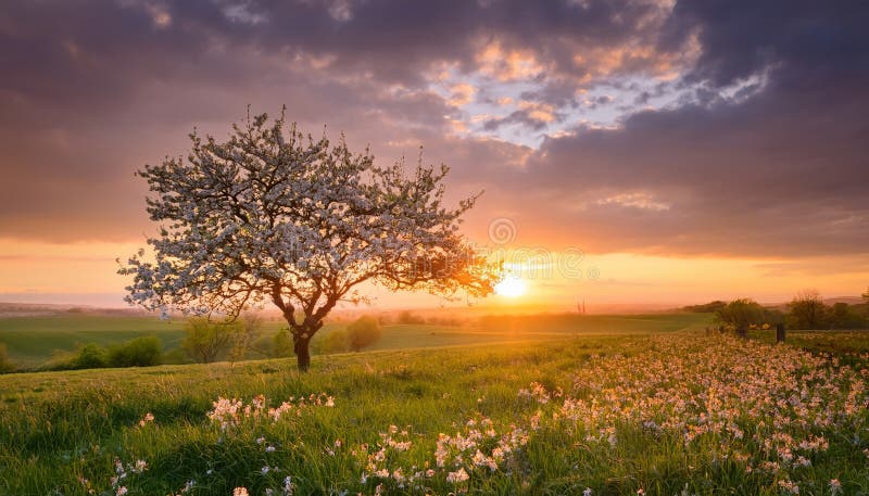 Serene Spring Landscape with a Blooming Tree and a Vibrant Sunrise ...