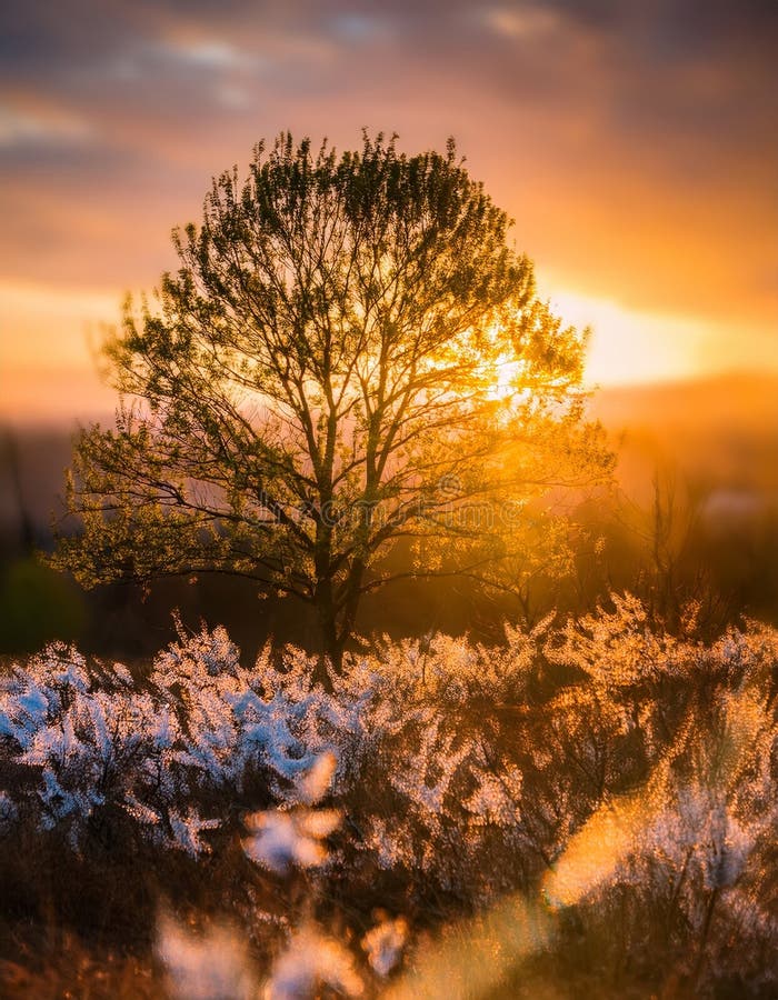 Serene Spring Landscape with a Blooming Tree and a Vibrant Sunrise ...