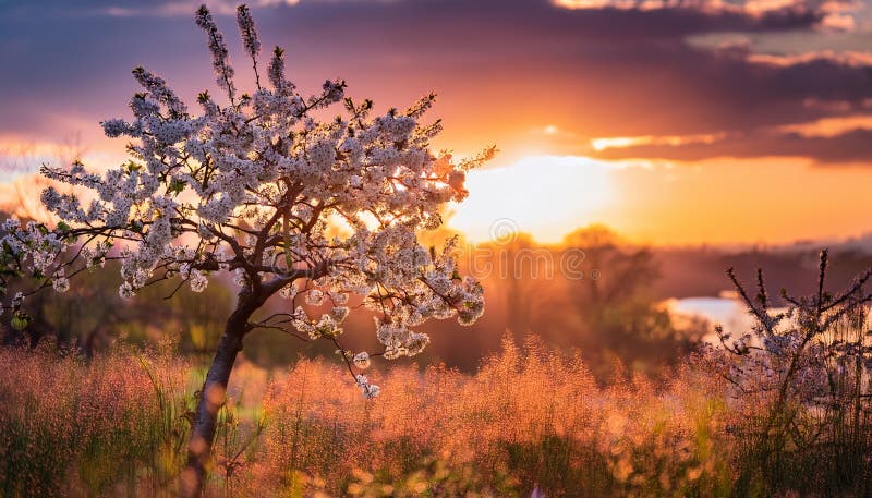 Serene Spring Landscape with a Blooming Tree and a Vibrant Sunrise ...