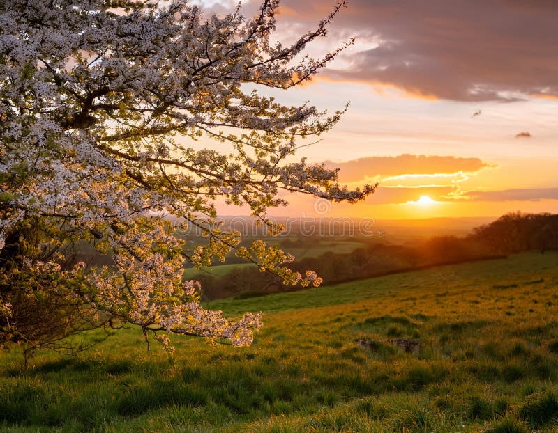 Serene Spring Landscape with a Blooming Tree and a Vibrant Sunrise ...