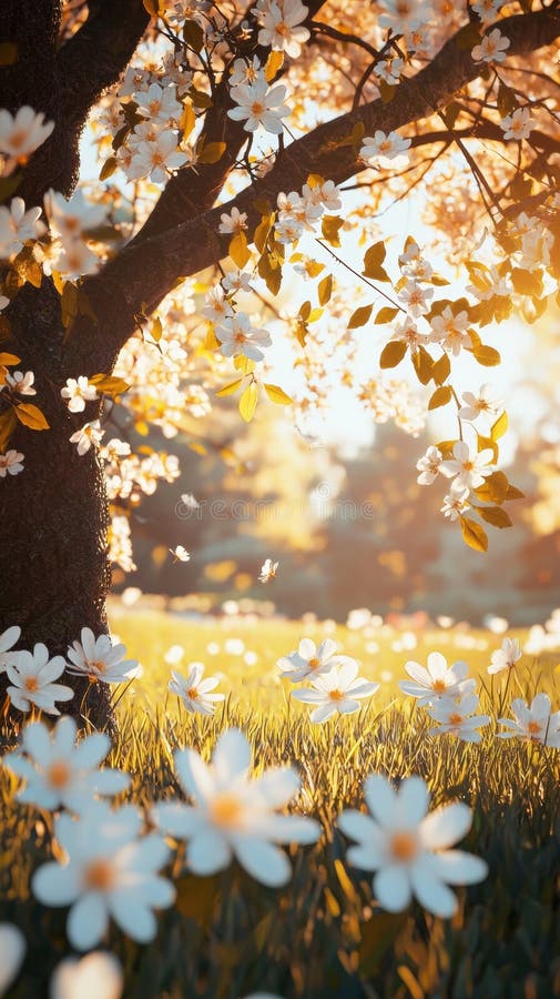 Serene Spring Landscape with Blooming White Flowers on Tree, Sunlight ...