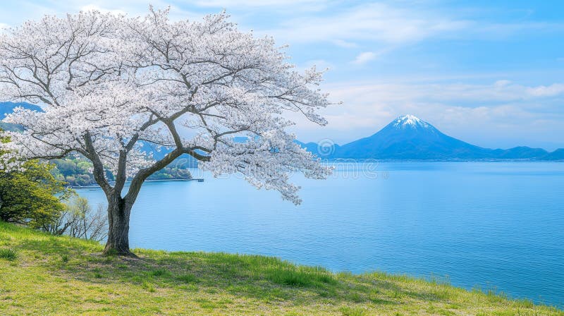 Serene Spring Landscape Cherry Blossom Tree by Calm Lake with Mountain ...