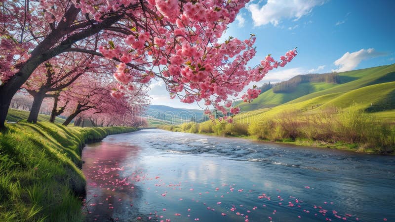 Serene Spring Landscape with Cherry Blossoms and River, Generative AI ...