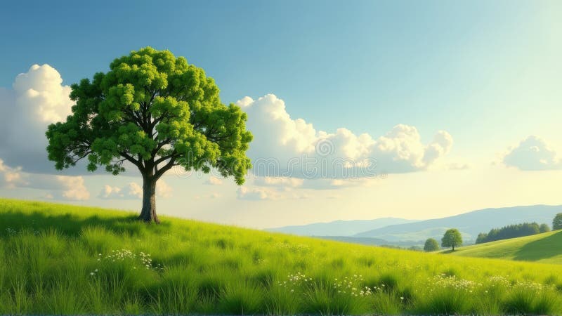 Serene Spring Landscape with Lone Tree Stock Illustration ...