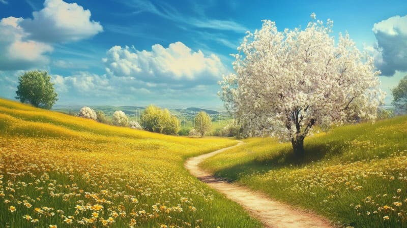 Serene Spring Meadow with Blooming Tree and Winding Path Stock ...