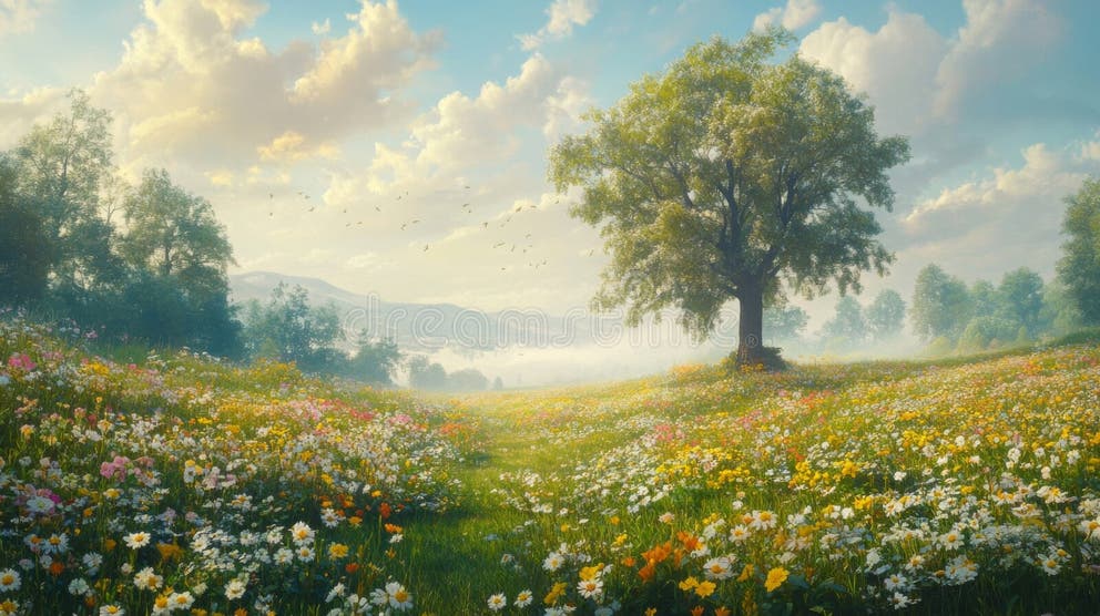 Serene Spring Meadow with Solitary Tree and Birds Stock Illustration ...