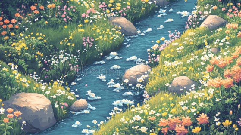 A Serene Spring Meadow with a Sparkling Stream Stock Illustration ...