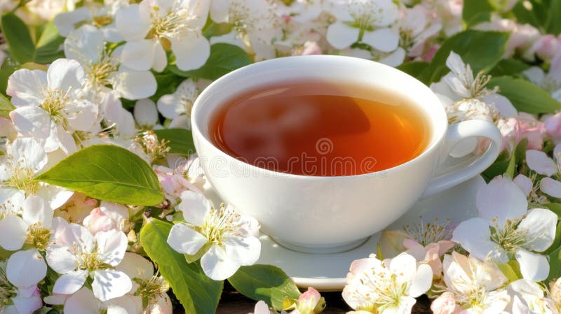 Serene Spring Morning with Fresh Tea Amidst Blooming Flowers Stock ...