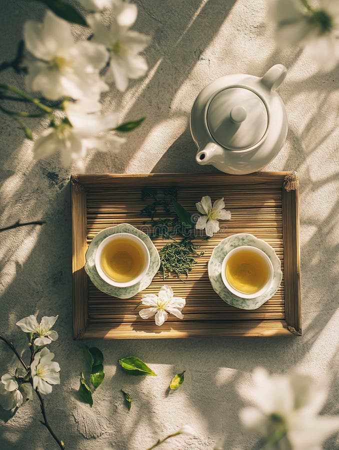Serene Spring Morning Tea Ritual with Bamboo and Blossoms Stock ...