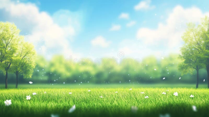 Serene Spring Nature Scene with Lush Lawn, Trees, and a Bright Blue Sky ...