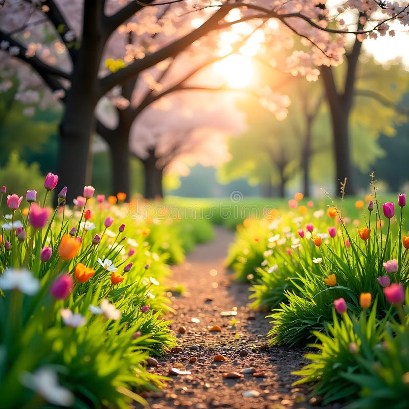 Serene Spring Path: a Walk through Blooming Tulips and Cherry Blossoms ...