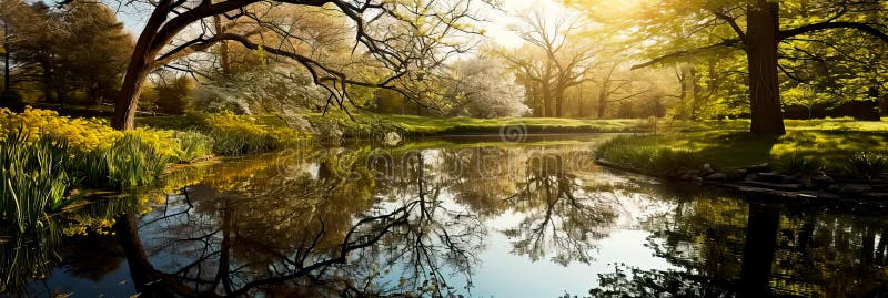 A Serene Spring Pond Reflecting Spring Flowers and Foliage. Generative ...