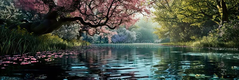 A Serene Spring Pond Reflecting Spring Flowers and Foliage. Generative ...