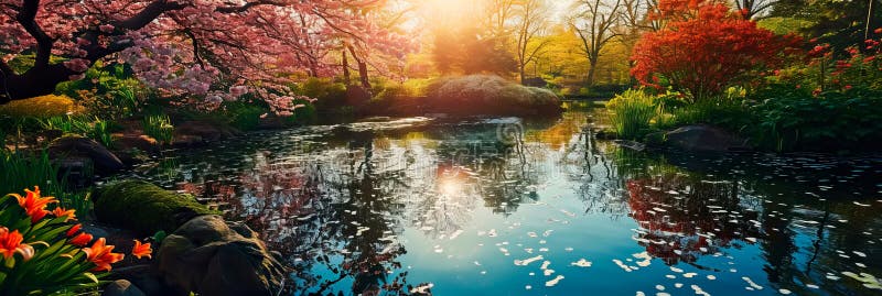 A Serene Spring Pond Reflecting Spring Flowers and Foliage. Generative ...