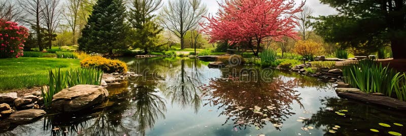A Serene Spring Pond Reflecting Spring Flowers and Foliage. Generative ...