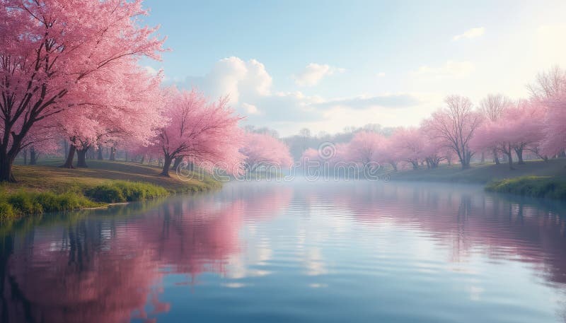 Serene Spring River Landscape with Blooming Cherry Blossom Trees and ...