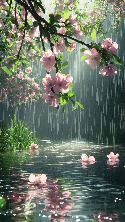 Serene Spring Scene with Pink Blossoms, Gentle Rain, and Reflective ...