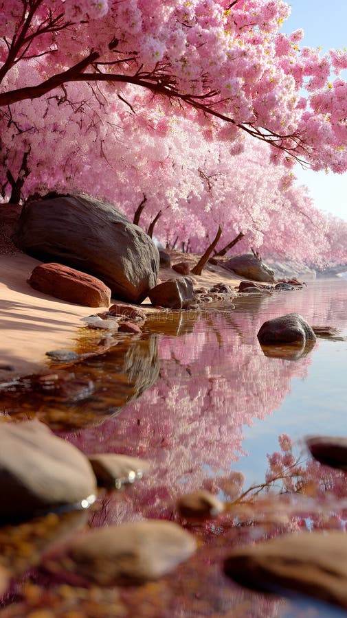 A Serene Spring Scene of Pink Cherry Blossoms Reflecting in a Calm ...