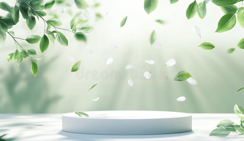 Serene Spring Scene White Platform with Falling Green Leaves and Petals ...