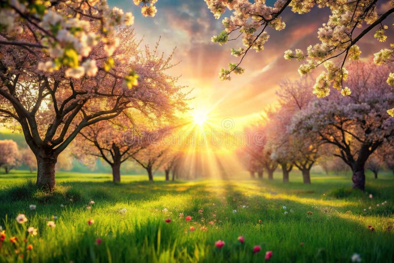 Serene Spring Scenery with Cherry Blossoms, Vibrant Green Grass, and ...