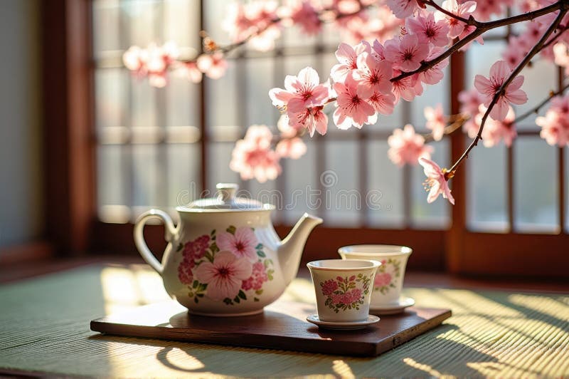 Serene Spring Tea Set Cherry Blossoms Sunlit Window Stock Photos - Free ...