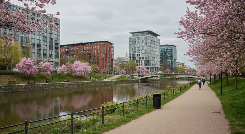 Serene Spring Walkway Along River with Cherry Blossoms and Modern ...