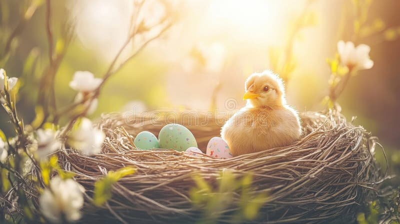 Serene Springtime Chick and Easter Eggs in Nest at Golden Hour Stock ...