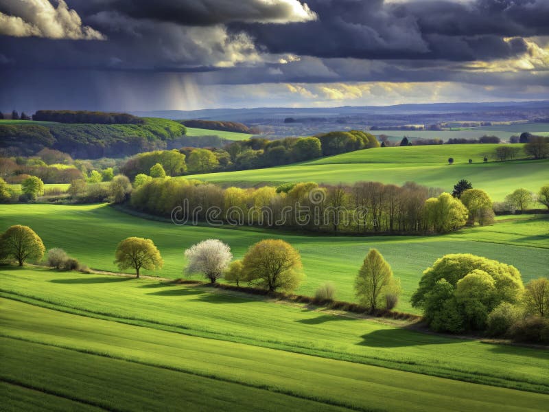Serene Springtime Landscape Expansive Fields Under an Overcast Sky ...