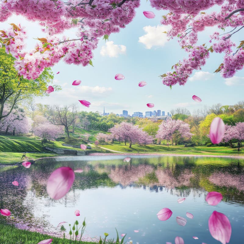 A Serene Springtime Landscape with Vibrant Cherry Blossoms in Full ...
