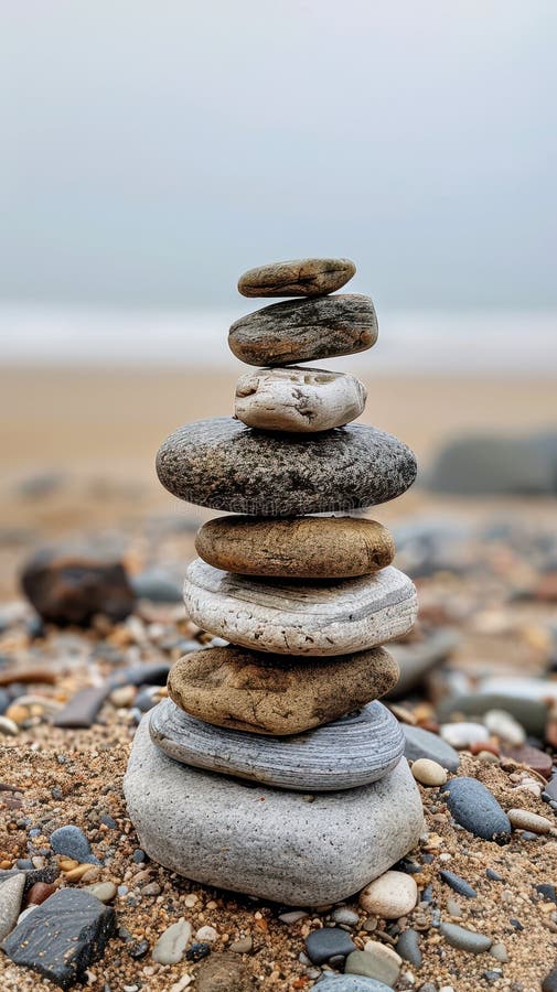 A Serene Stack of Rocks on a Sandy Beach Creates a Calming Focal Point ...